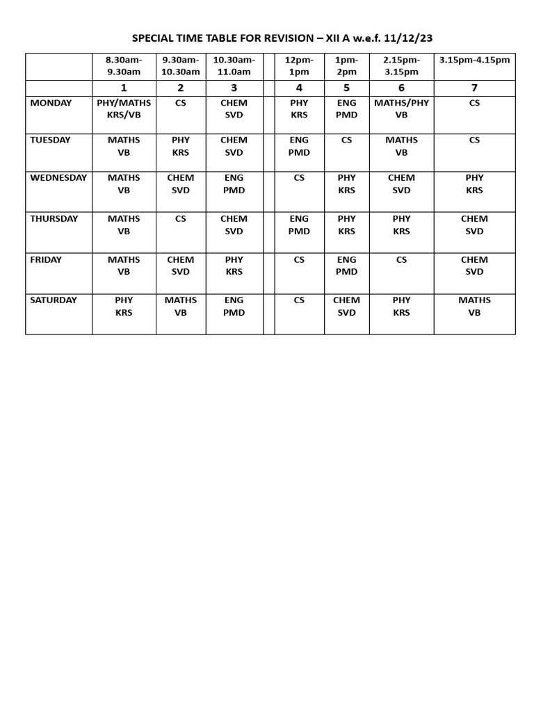 Xii Special Timetable For Revision Before 2ND Pre | PDF | Cooking, Food & Wine