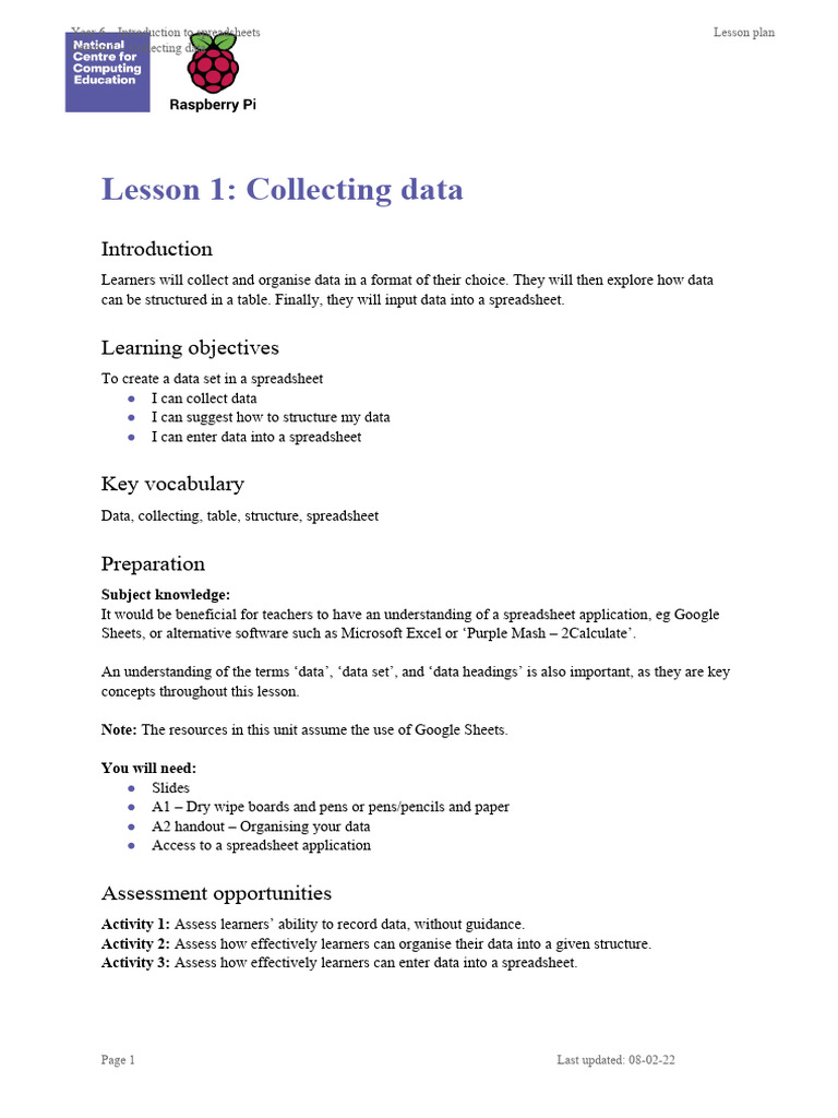 L1 Lesson Plan - Introduction To Spreadsheets - Y6 | PDF | Spreadsheet | Learning