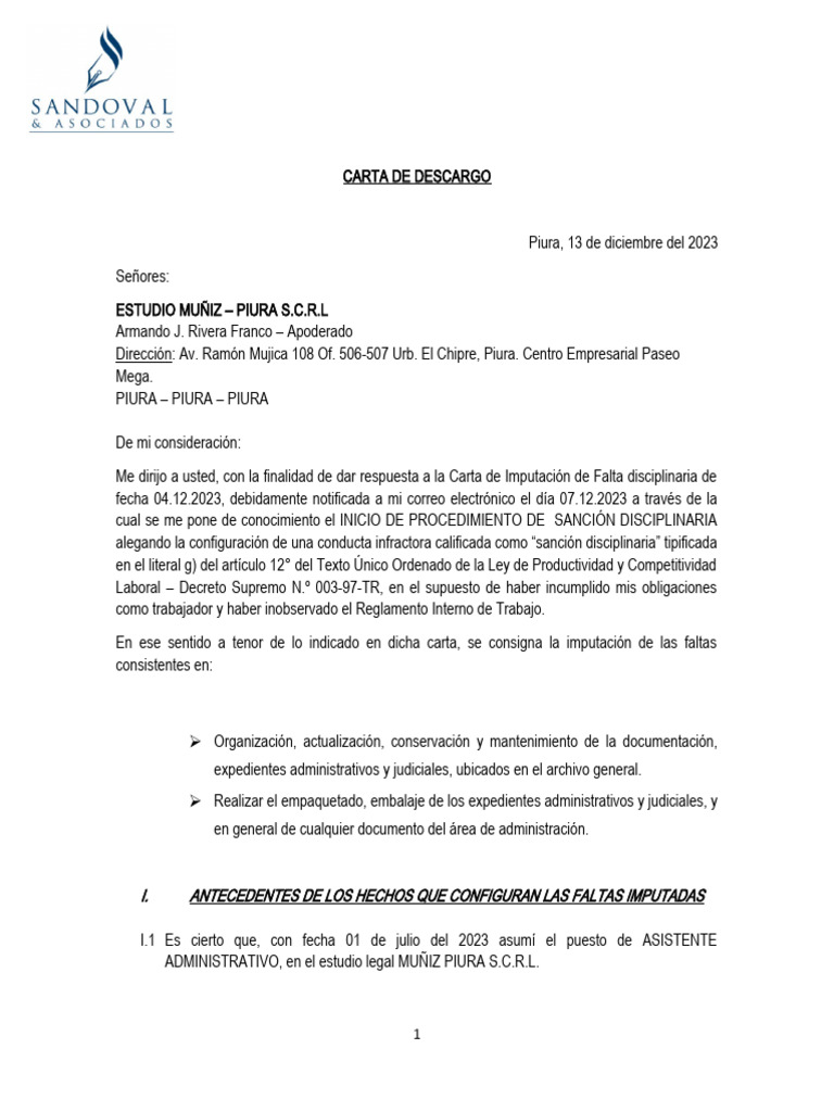 Carta de Descargo - Luis Sandoval Pinillos | PDF | Derecho laboral ...