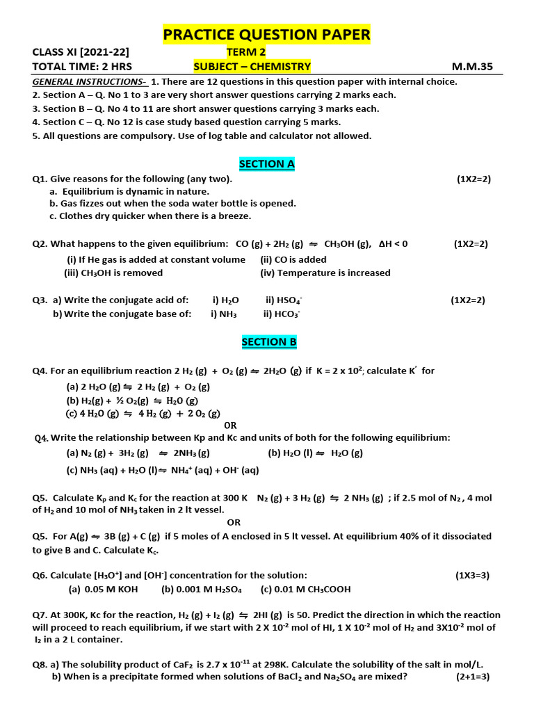 XI Practice Paper (Unit-7) | PDF | Chemistry | Physical Sciences