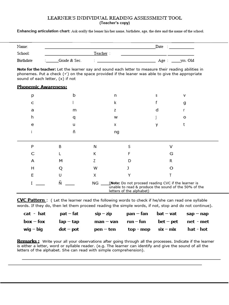 Grade 1 Individual Reading Assessment Tool | PDF | Pandemic | Common Cold