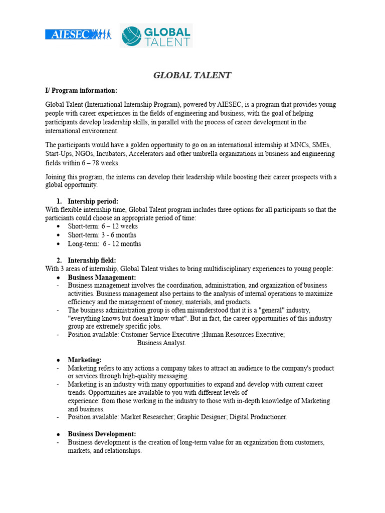 Global Talent International Internships | PDF | Internship | Job Hunting