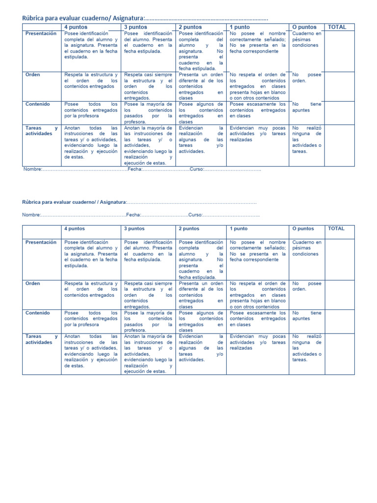 Rúbrica para Evaluar Cuaderno | Descargar gratis PDF | Cuaderno