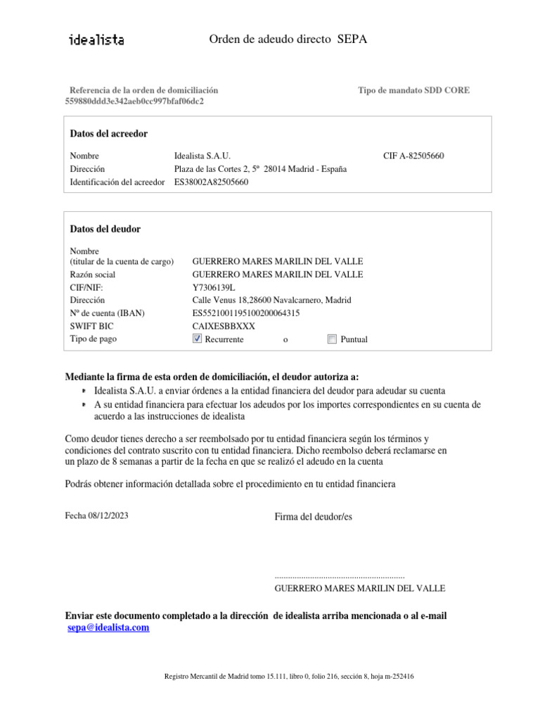 Orden SEPA Idealista: Detalles y Autorización | PDF | Finanzas y dinero