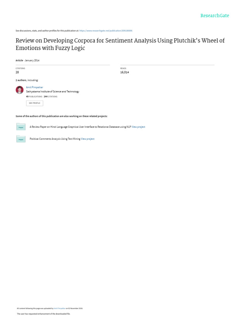 Review On Developing Corpora For Sentiment Analysis Using Plutchiks
