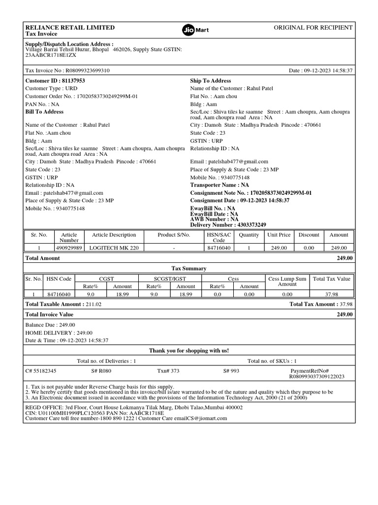 Reliance Retail Limited Tax Invoice: Original For Recipient | PDF ...