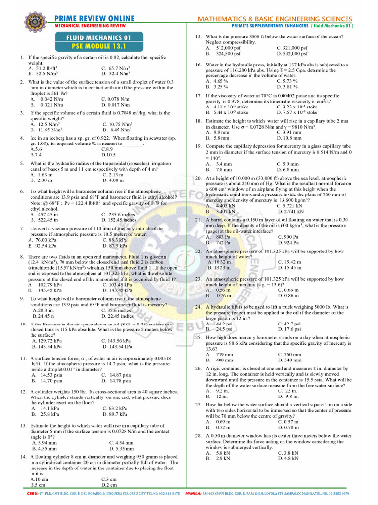 13.1 Fluid Mechanics 01 Problems | PDF