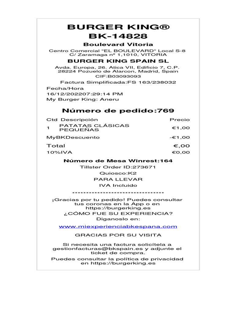 Burger+King Ticket N 769 192921 | PDF | Finanzas y dinero