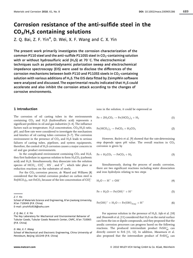 Corrosion Resistance of The Anti-Sulfide Steel in The CO2 - H2S Containing Solutions | PDF ...