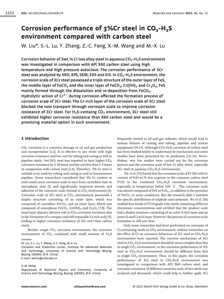 Corrosion Performance of 3%Cr Steel in CO2-H2S Environment Compared With Carbon Steel | PDF ...