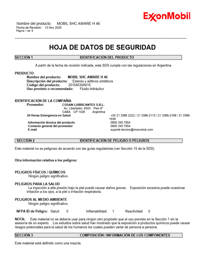 Hoja de Datos de Seguridad: Nombre Del Producto: MOBIL SHC AWARE H 46 | PDF | Descarga ...