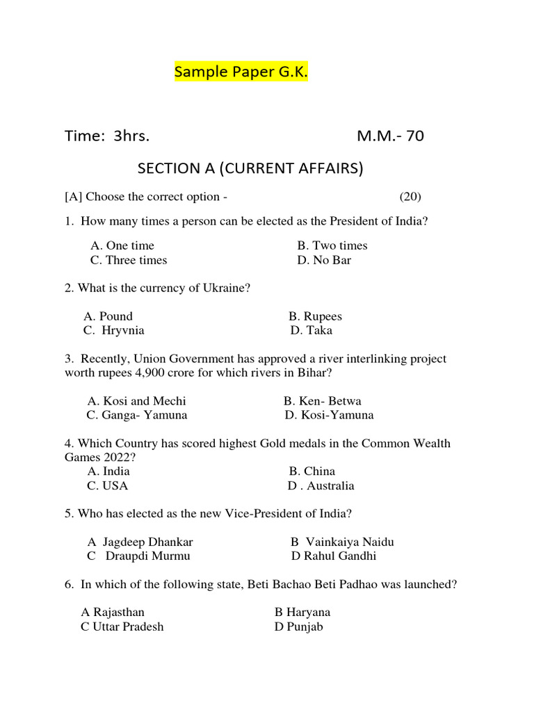 Sample Paper G.K. | PDF
