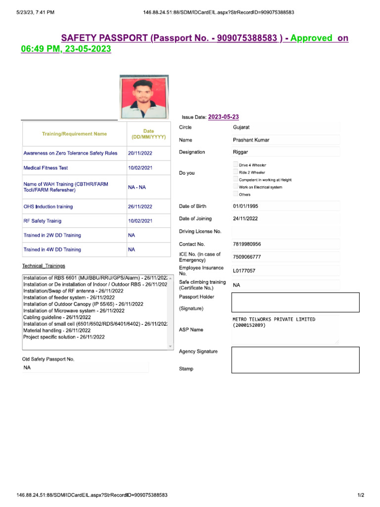 PRASHANT KUMAR - Safety Passport | PDF