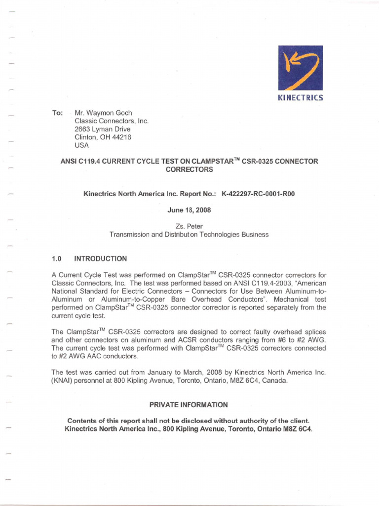 ANSI C119.4 Current Cycle Test Report_CSR-0325 | PDF