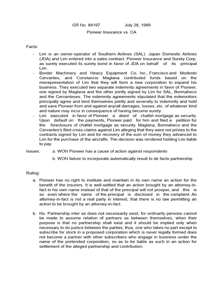 Pioneer Insurance vs. CA Case Summary | PDF | Indemnity | Surety
