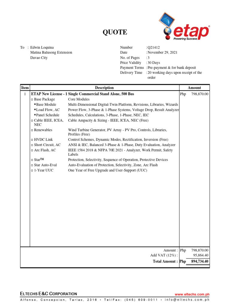 Quote: Item Description Amount ETAP New License - 1 Single Commercial ...