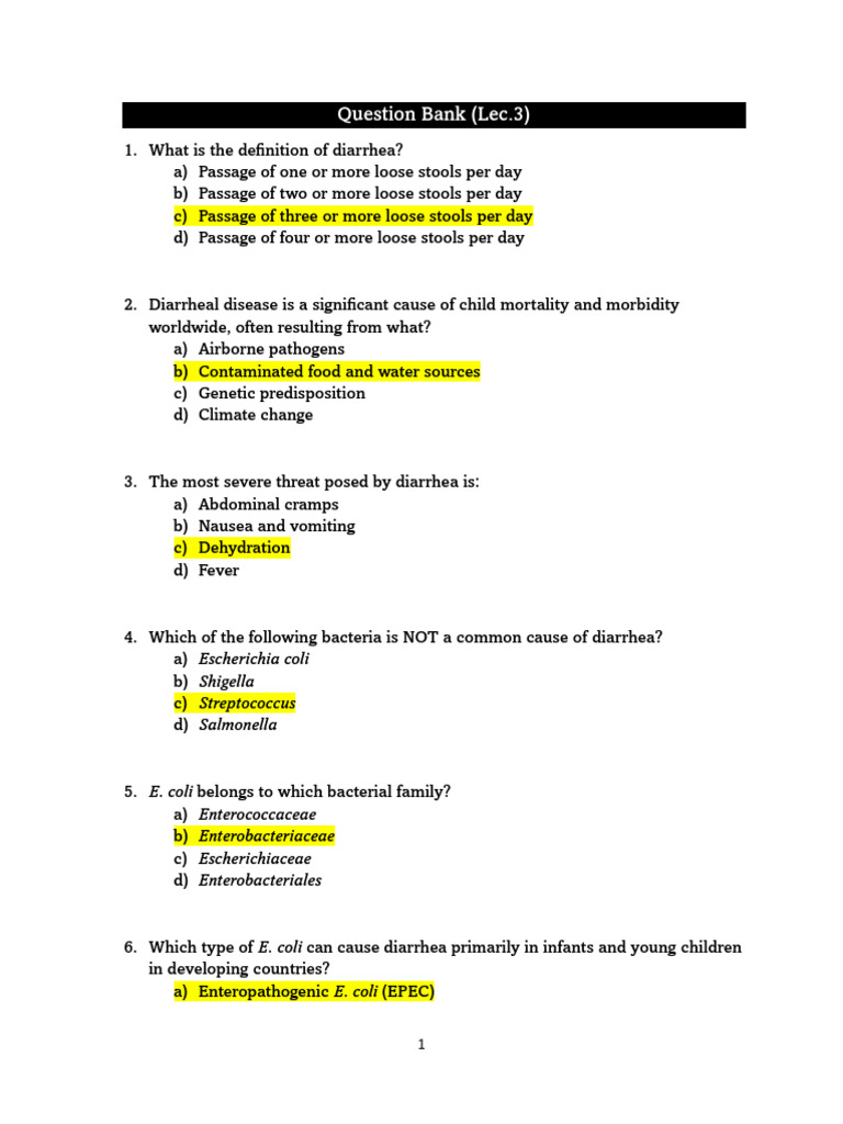 (Answers)Diarrhea I Mcqs | PDF | Diarrhea | Escherichia Coli