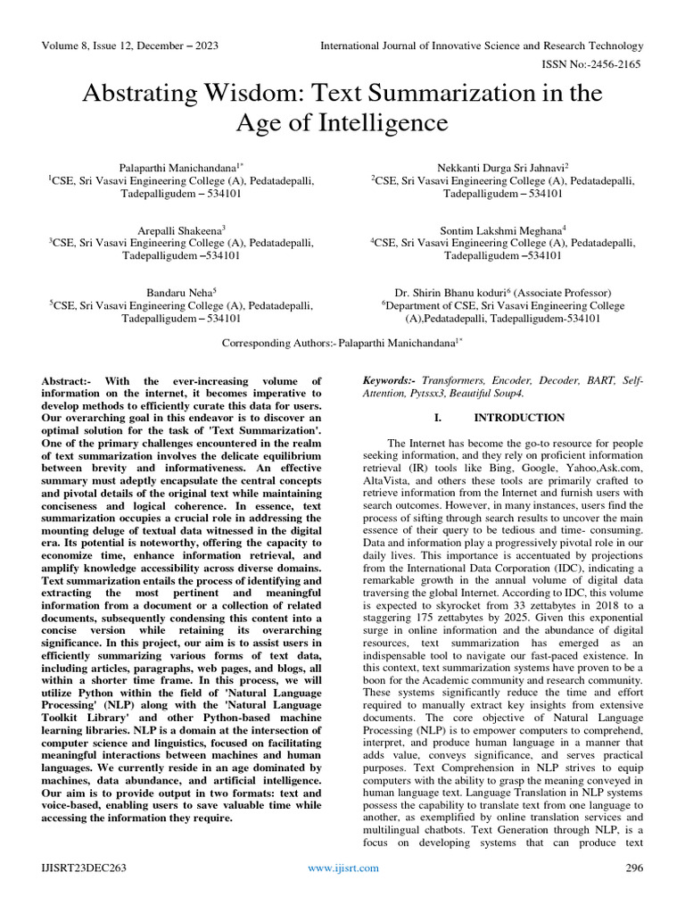 Abstrating Wisdom: Text Summarization in The Age of Intelligence | PDF | Cognitive Science ...
