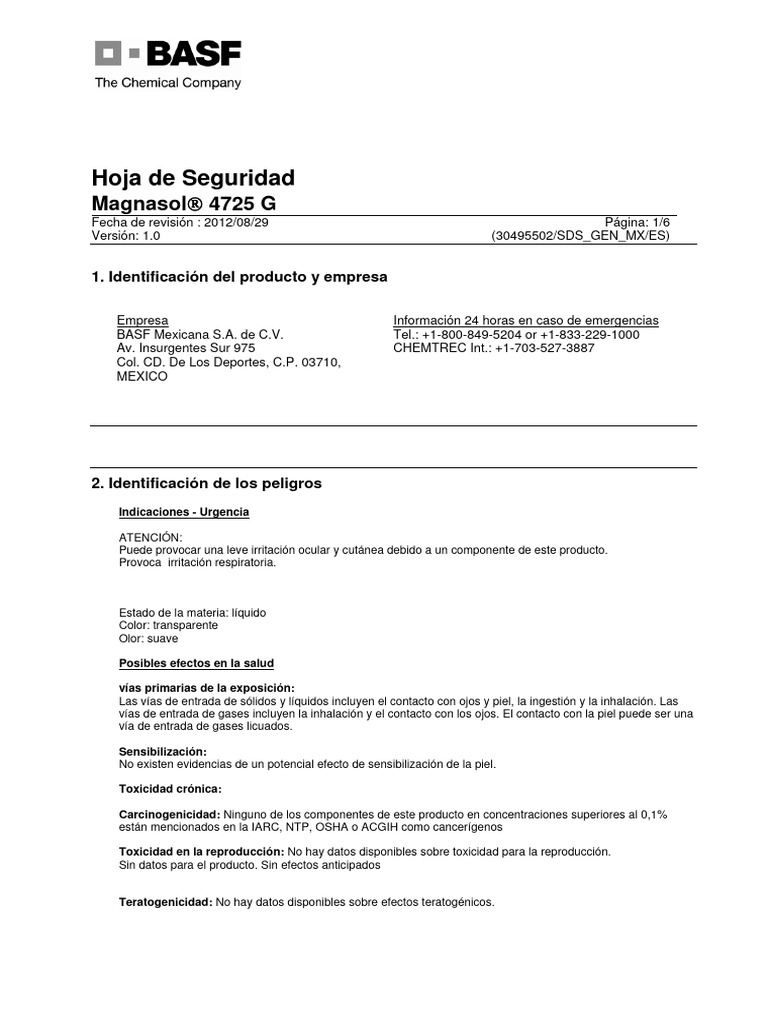 Magnasol 4725 (MSDS) | PDF | Agua | Residuos