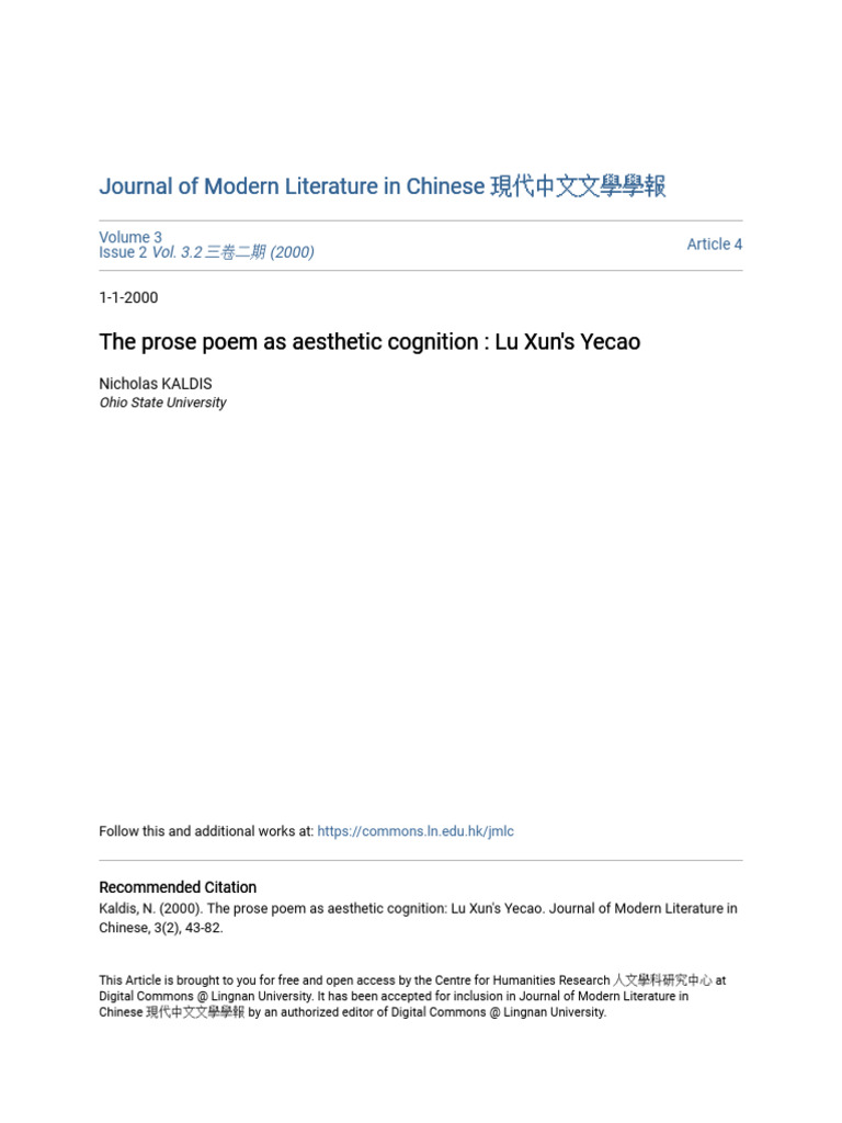 The Prose Poem As Aesthetic Cognition Lu Xuns Yecao | PDF | Friedrich ...