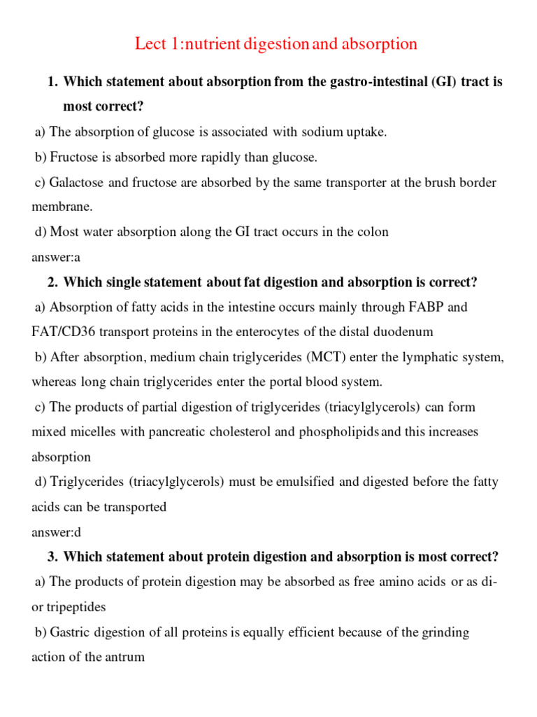 Lecture 1 GIT Nutrient Digestion and Absorption QB | PDF | Digestion ...
