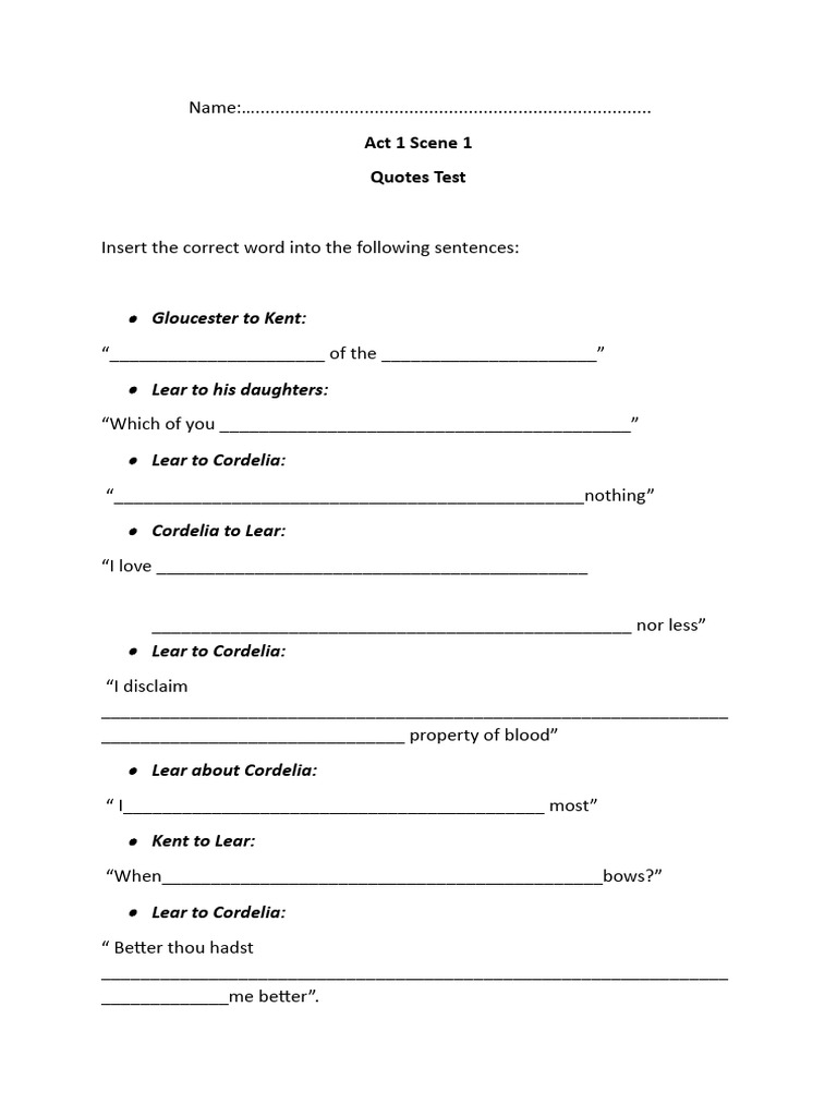 King Lear Act 1 Scene 1 Quotes Test | PDF