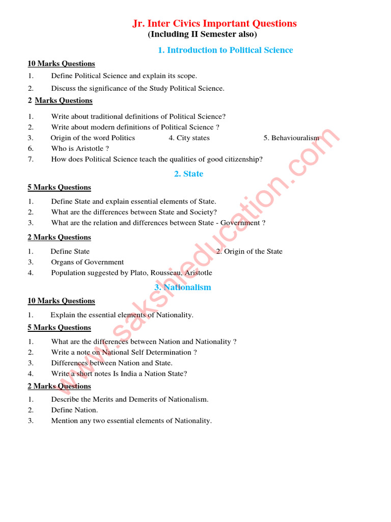 Inter Material Modelpapers Istyesr em 1st - Year - Civics - Important ...