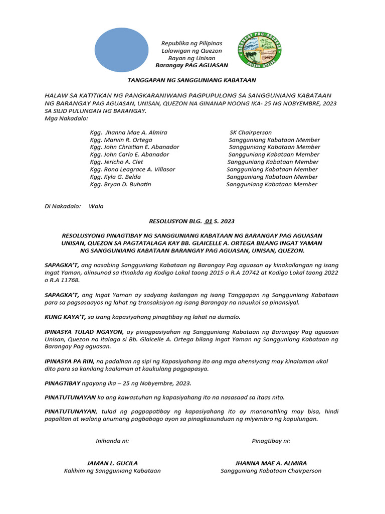 Resolution Bilang 01 Series of 2023 (SK Tres. Appointment) | PDF