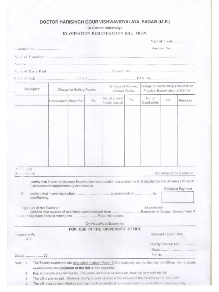 Examination Remuneration Bill Form | PDF