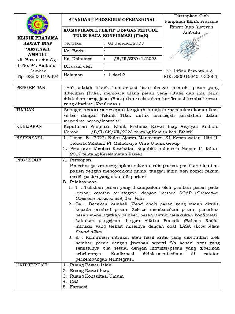 Sop Komunikasi Efektif Metode Tbak | PDF