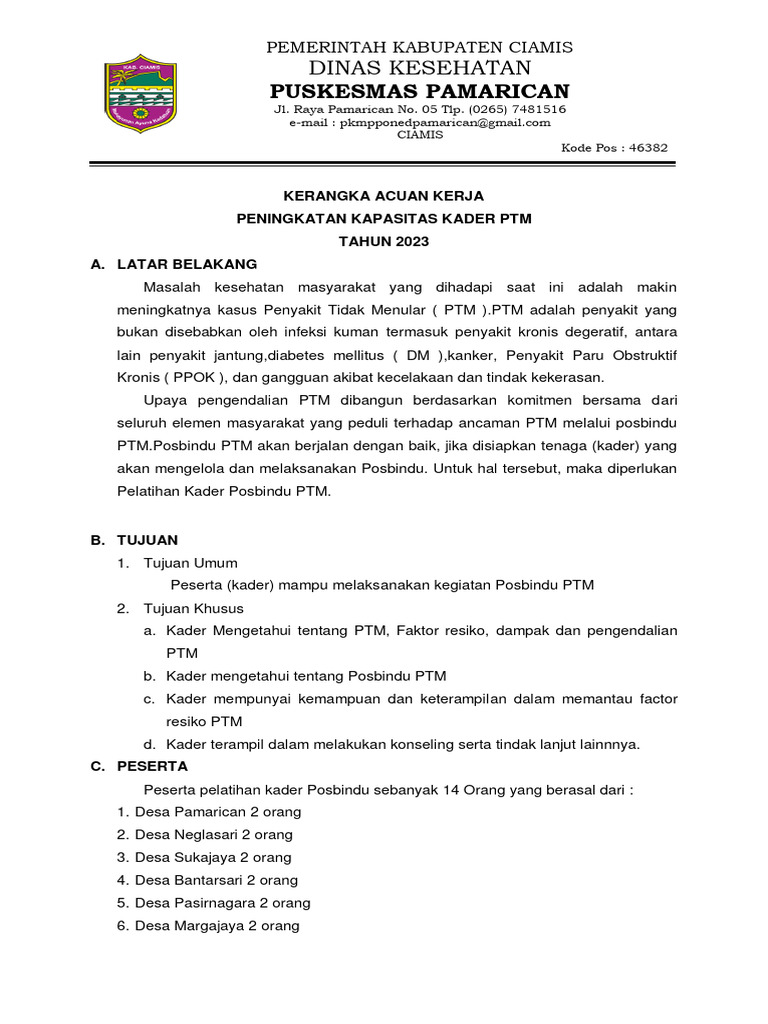 Kak Peningkatan Kapasitas Kader PTM 2023 | PDF