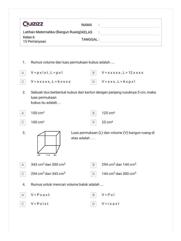 Latihan Matematika (Bangun Ruang) Kelas 6 | PDF