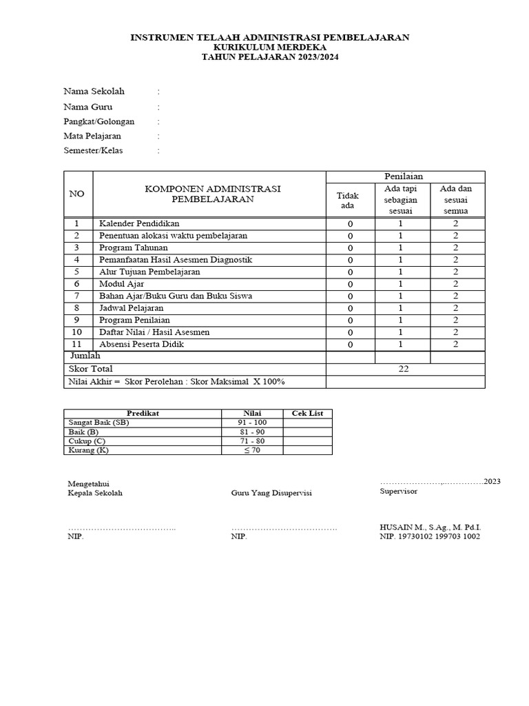 Instrumen Supervisi T.pel. 2023-2024 | PDF