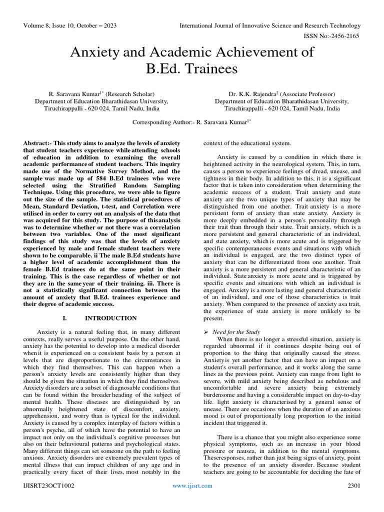 Anxiety and Academic Achievement of B.Ed. Trainees | PDF | Anxiety ...