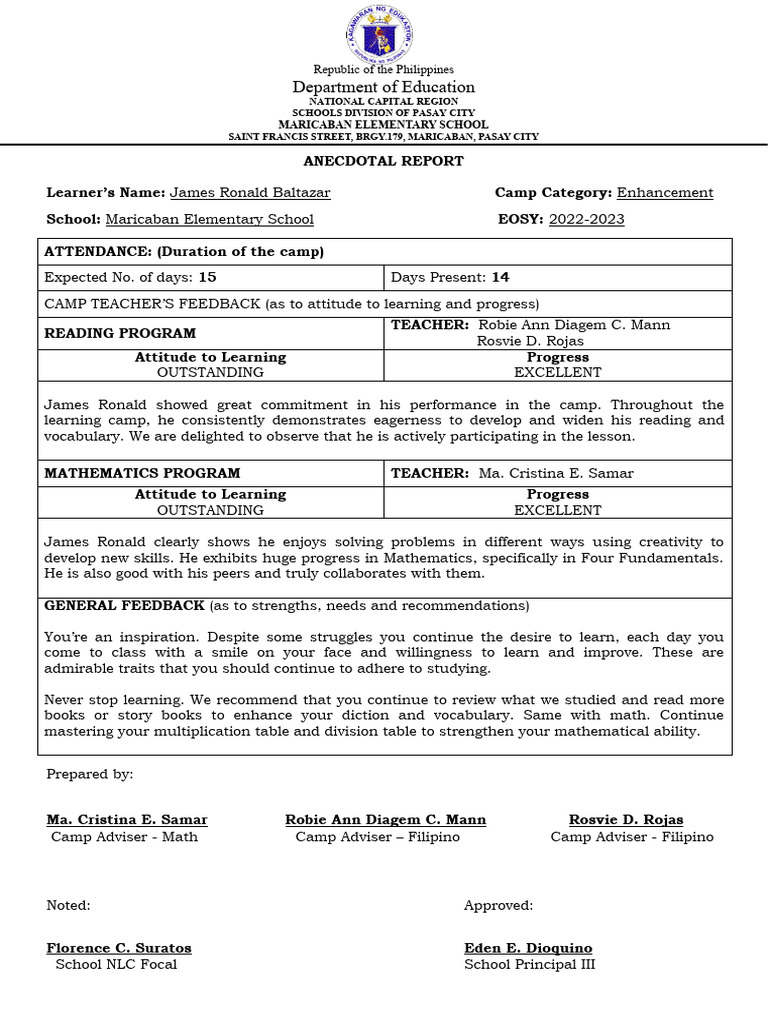 Pasay City Elementary Camp Report | PDF | Learning | Teachers