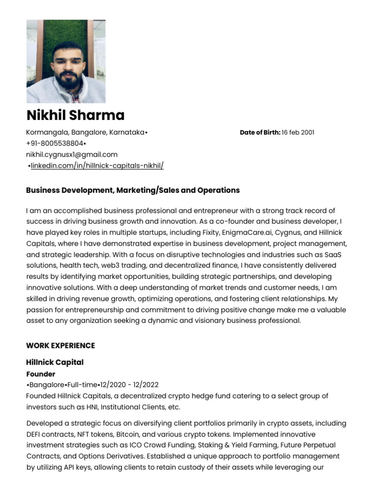 Nikhil Sharma Resume | PDF | Cryptocurrency | Entrepreneurship