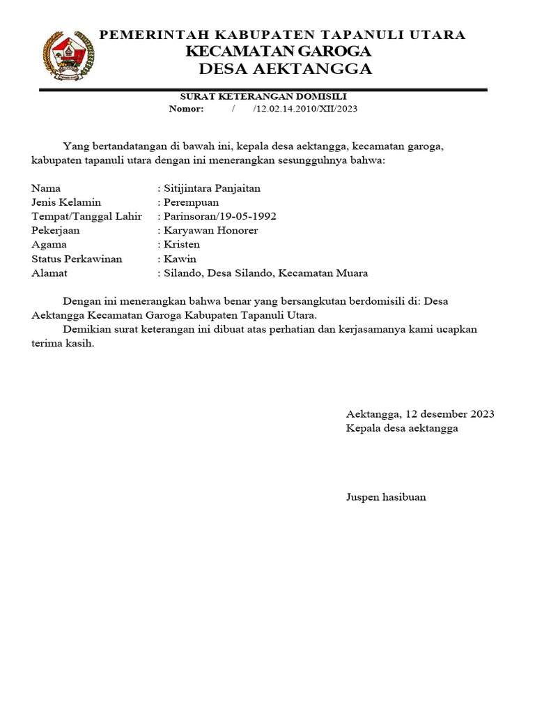 Surat Keterangan Domisili Aektangga | PDF