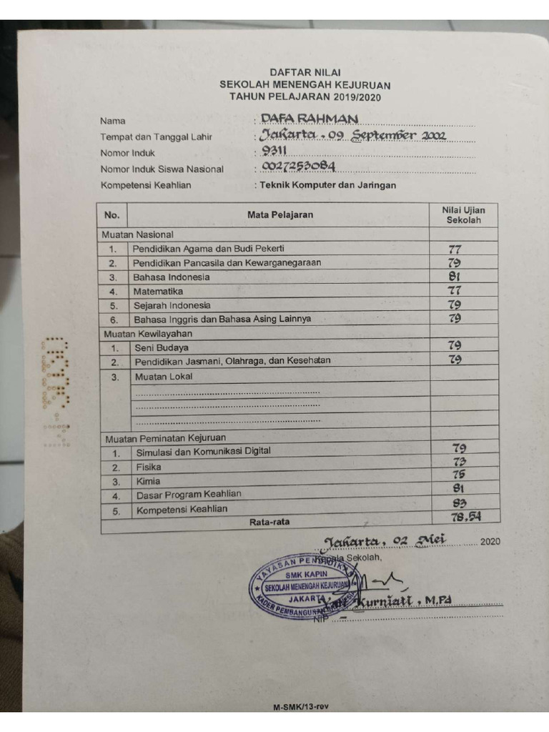 Transkrip Un - Uan Slta - Dafarahman | PDF