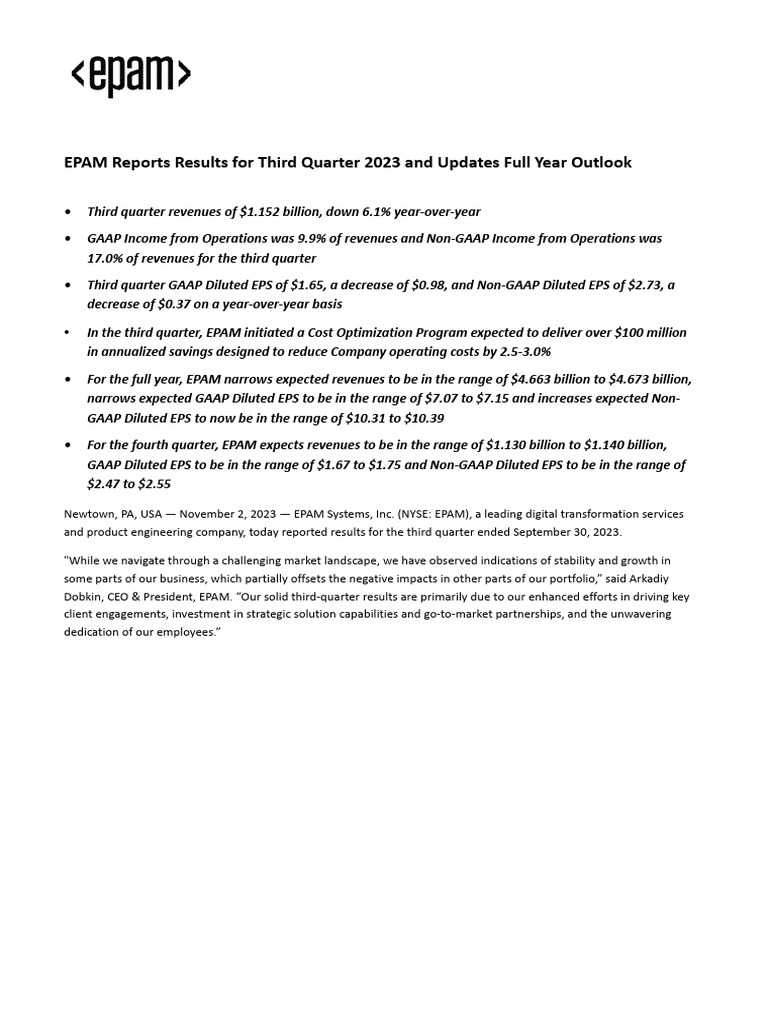 Epam Reports Results For Third Quarter 2023 and Updates Full Year ...