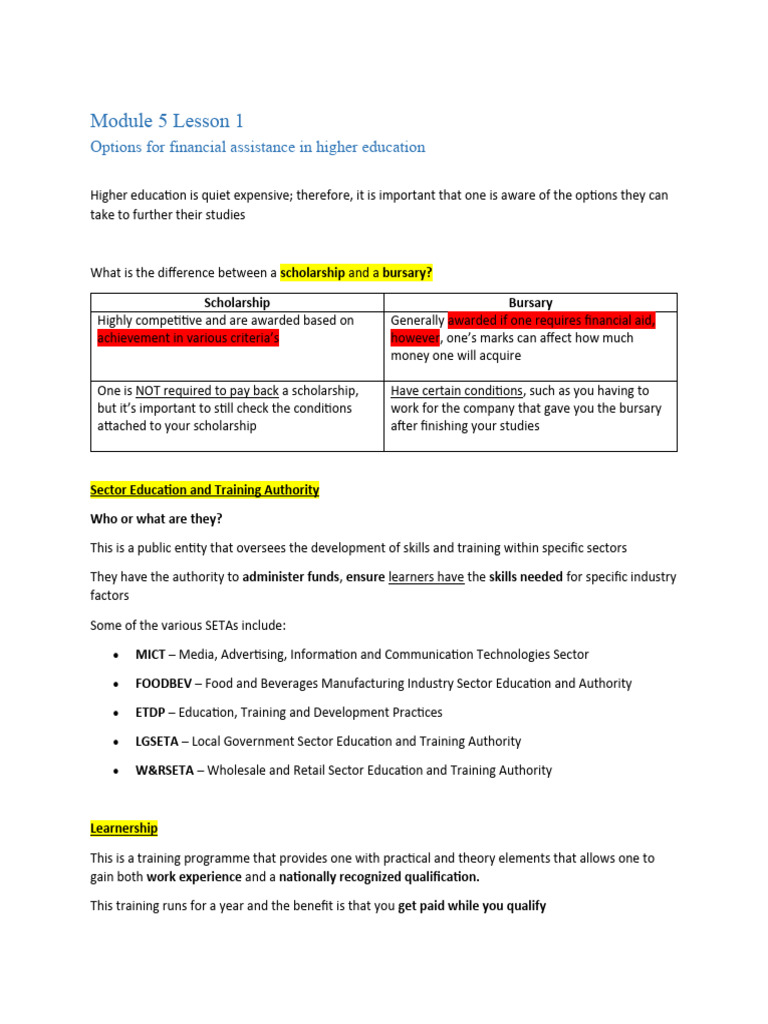 Module 5 Lesson 1 | PDF | Student Financial Aid In The United States ...