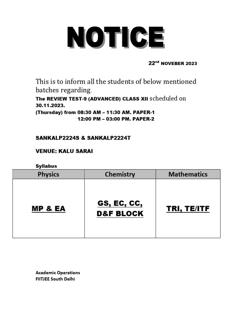 Sankalp2224s & T Review Test-9 Notice | PDF | Technology & Engineering