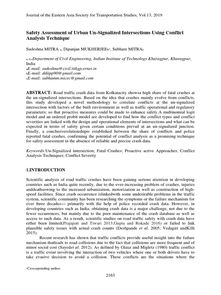 Safety Assessment of Urban Un-Signalized Intersections Using Conflict Analysis Technique | PDF ...