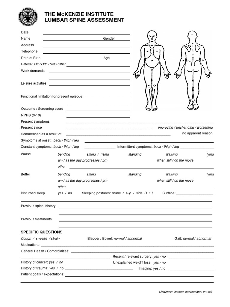Lumbar Assessment Form FILLABLE Jun 2020 | PDF | Medical Specialties ...