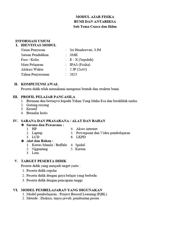 Modul Ajar Struktur Bumi Dan Antariksa Sub Tema Cuaca Dan Iklim | PDF