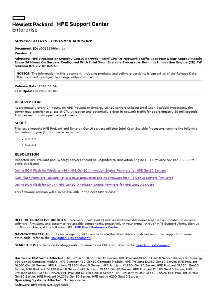 Advisory - HPE ProLiant or Synergy Gen10 Servers - Innovation Engine ...