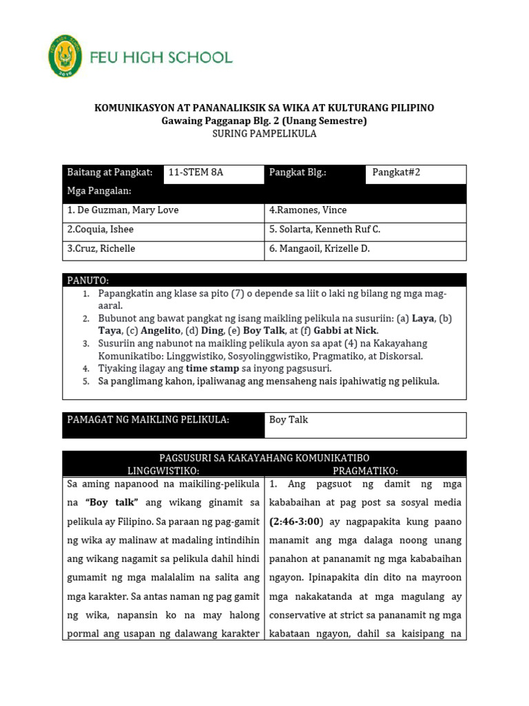 PETA2 Suring Pampelikula Worksheet 1 1 | PDF