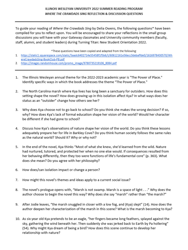 Discussion Questions for Crawdads Sing | PDF