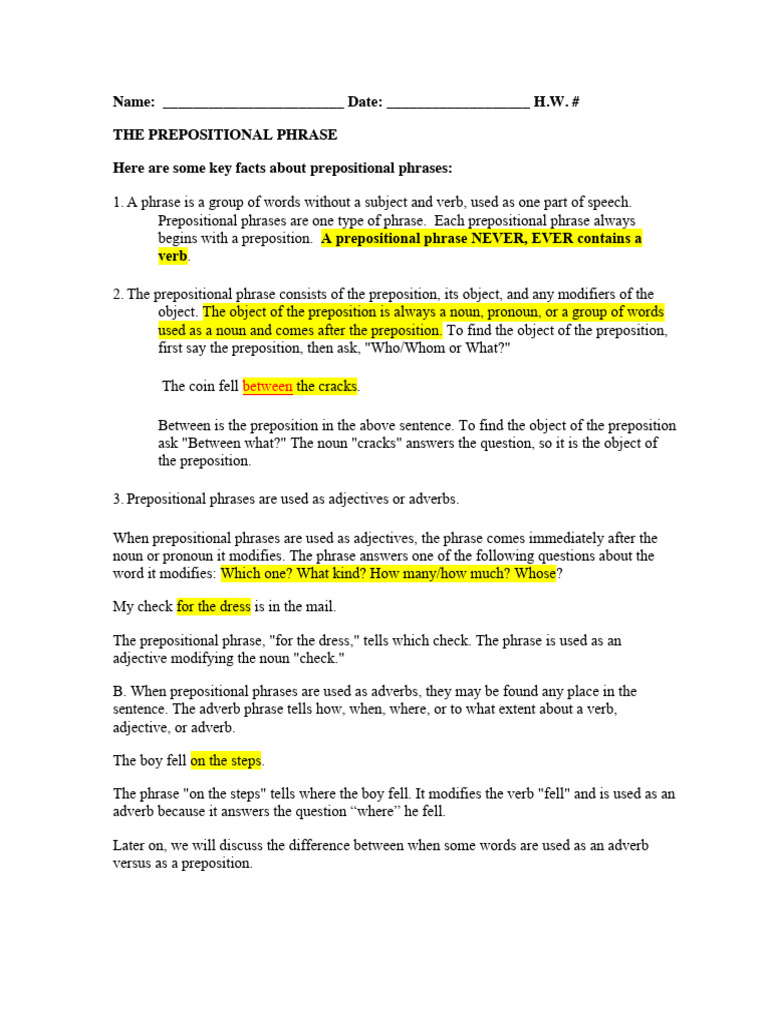 Identifying Prepositional Phrases Worksheet | PDF | English Grammar ...