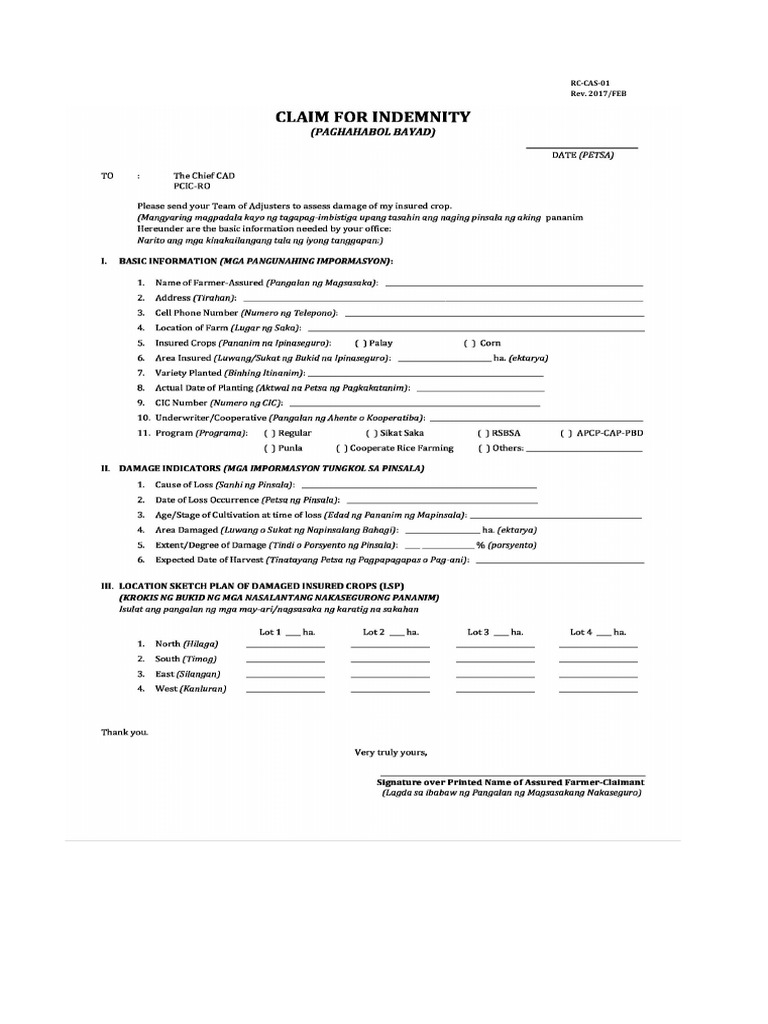 Claim For Indemnity (Rice and Corn) | PDF