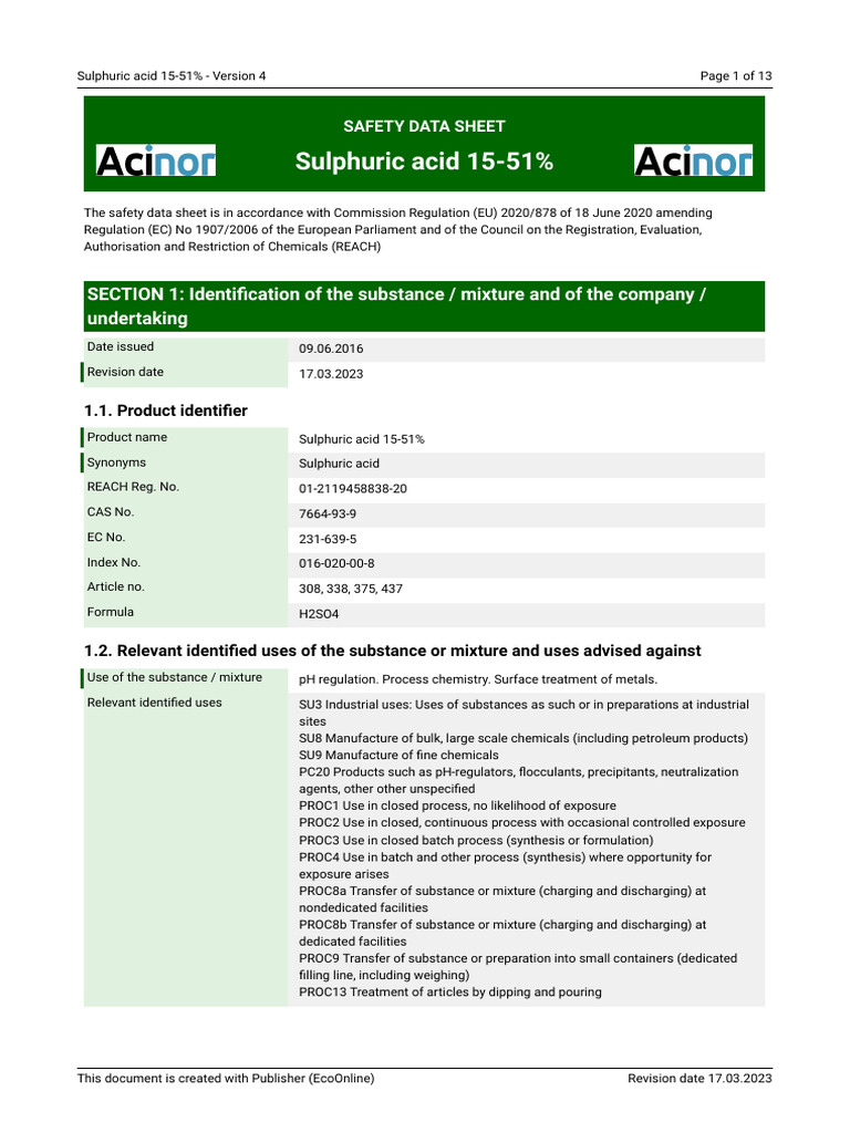 Sulphuric Acid 15-51% MSDS Acinor | PDF | Dangerous Goods | Chemical ...